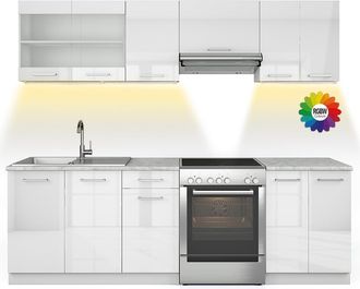 Vicco K&uuml;chenzeile Raul, K&uuml;chenblock, Wei&szlig;, 240 cm, AP Marmor mit LED-Leisten