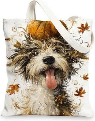 Generic Sacs fourre-tout en toile pour chien, motif animal mignon, sacs dépicerie réutilisables, nature fantaisie, léger, lavable avec bandoulière en toile, b
