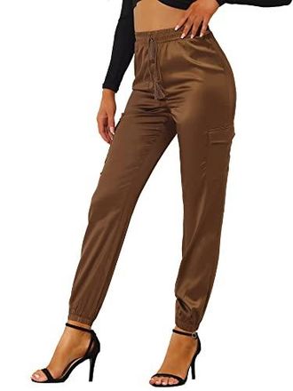 Allegra K Pantalon Cargo &eacute;lastique Taille Haute en Satin Soyeux avec Cordon de Serrage pour Femmes Caf&eacute; L