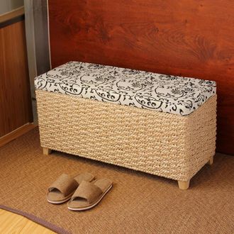 Generic Rustikale Stroh-Aufbewahrungsbank - Schuhbank Aus Massivholz Mit Gepolsterter Sitzfl&auml;che, Handgewebter Katzenschwanz-Ottomane for Schlafzimmer, Eingan