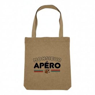 Fabulous Sac Shopping Tote Bag Aspect Lin - Monsieur Apéro France Alcool Soirée Homme - Sac de Courses Toile Epaisse 360g Beige Naturel Cabas Porté Epaule Soli