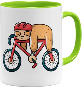OM3 lustige Faultier Kaffee-Tasse Fahrrad - Witzige Geschenkidee für Radfahrer & Fahrradliebhaber - Keramik Becher - 325ml - Beidseitig Bedruckt - Hellgrü