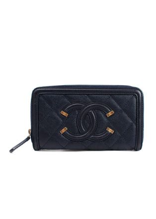 Chanel Navy Caviar Leather Filigree Zip Wallet