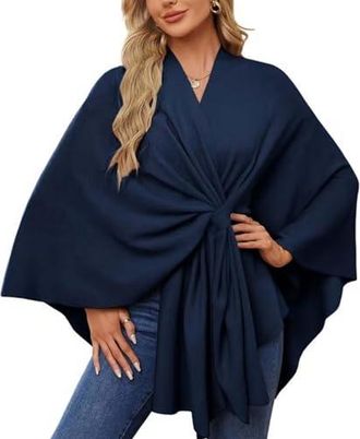 Generic Poncho élégant doux ouvert sur le devant, poncho chaud en tricot croisé sur le devant pour voyage et bureau, bleu marine, Taille unique