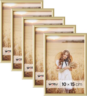 Woltu Bilderrahmen 10x15 cm, 5 Set, Fotorahmen Gold, Aluminium, mit Passepartout, zum vertikalen oder horizontalen Aufh&auml;ngen/Aufstellen, f&uuml;r Fotos, Bilder