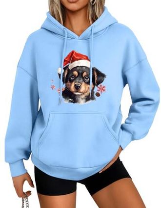 Generic Sweat &agrave; capuche imprim&eacute; graphique pour femme, chien de No&euml;l | Sweat &agrave; capuche d&eacute;contract&eacute; &agrave; manches longues pour les vacances dautomne - pour le voyag