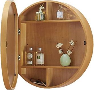 Generic Armoire de salle de bain ronde à portes coulissantes avec miroir - Armoire à pharmacie en bois massif avec grand espace de rangement, design peu encom