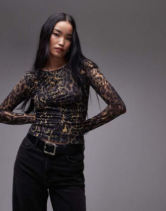 AllSaints Edana - T-shirt &agrave; manches longues en tulle - Imprim&eacute; l&eacute;opard-Marron