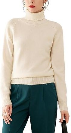 Dissa Pull Cachemire Femme Col Roul&eacute; Ecru Solide Couleur Tricot&eacute; en Vrac Manches Longues &eacute;pais Pull en Cachemire et Laine,38,RMS3323