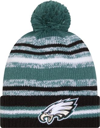 New Era Philadelphia Eagles Sideline Sport Schwarz gestreifte Fu&szlig;ball-Strickm&uuml;tze mit Bommel - NFL Cheer Cuff Strickm&uuml;tze
