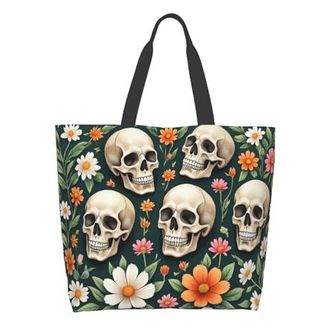 Generic SJOAOAA Grand sac &agrave; provisions unisexe r&eacute;utilisable portable de rangement fourre-tout fourre-tout sacs &agrave; main sacs &agrave; main, T&ecirc;te de mort en fleurs fonc