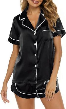 Generic Ensemble de v&ecirc;tements de nuit en satin pour femme - Pyjama 2 pi&egrave;ces en satin - T-shirt &agrave; manches courtes et pantalon - Pyjama boutonn&eacute; - Ensemble de v