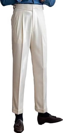Generic Pantalon de d&eacute;tente vintage taille haute pour homme - Couleur unie - Pantalon d&eacute;contract&eacute; - Coupe classique - Pantalon pliss&eacute; &agrave; boucle, beige, 42