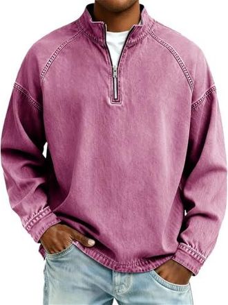 Generic Sweat-shirt dext&eacute;rieur &agrave; fermeture &eacute;clair quart pour homme, col montant, pull &agrave; manches longues, pull d&eacute;contract&eacute; &agrave; fermeture &eacute;clair 1/4, rose, XXL