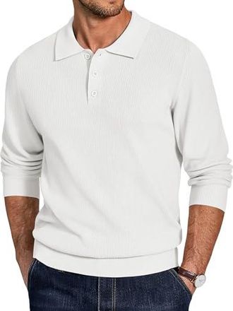 Coofandy Pulls Homme à Col Polo Manches Longues Pull Tricoté en Maille Classique Pullover Homme Hiver Decontracté Business Pull Couleur Unie Slim Fit Blanc XL