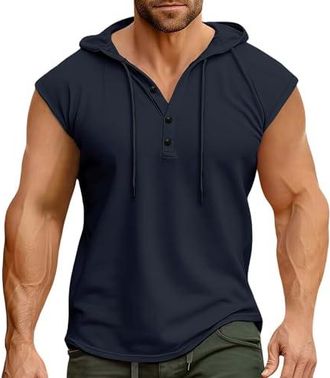 Generic D&eacute;bardeur &agrave; capuche sans manches pour homme - T-shirts &eacute;t&eacute; d&eacute;bardeur &agrave; capuche pour bodybuilding gym sport - Pull &agrave; capuche chemise bouton coupe muscu