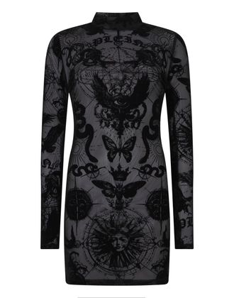 Philipp Plein Long Sleeve Mini Dress Flock Butterfly Tattoo