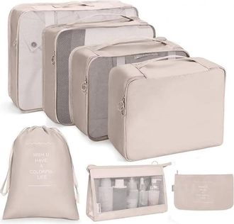Generic 7-teiliges Reise-Aufbewahrungstaschen-Set, Koffer-Packw&uuml;rfel, Handgep&auml;ck, Kleider- und Schuh-Organizer-Taschen, faltbar(7 Pcs Beige 1)