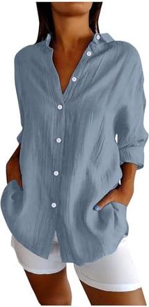 Generic Chemise &agrave; manches longues en lin pour femme tendance d&eacute;t&eacute; &agrave; revers boutonn&eacute; 2025 chemisiers classiques en coton et lin coupe ample tenues de gaze pour