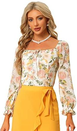 Allegra K Haut smocké à Fleurs pour Chemisier élégant à Manches Longues et col carré pour Femme Beige XL