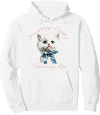Trendy Apparel Screaming Crying Throwing Up Kitten with Bow Pullover Hoodie