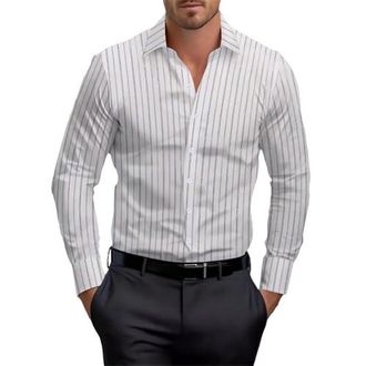 Generic Chemises daffaires &agrave; manches longues pour homme - Chemise d&eacute;contract&eacute;e &agrave; rayures boutonn&eacute;e - Coupe r&eacute;guli&egrave;re - Chemise classique pour homme - Chemise 