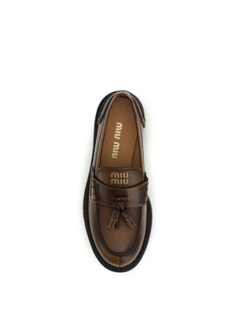 Miu Miu Womens Leather Tassel Loafers Burnt Brown Calf