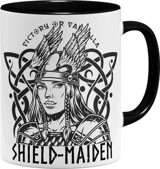 OM3 Wikinger Shield Maiden Kaffee-Tasse Kriegerin Schildmaid Valhalla or Die - Keramik Becher - 11oz 325ml - Beidseitig Bedruckt - Schwarz
