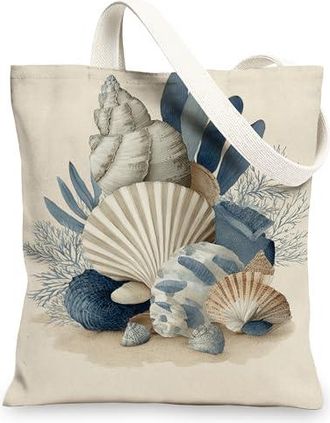 Generic Sacs fourre-tout en toile à motif coquillages, sacs à provisions réutilisables, vintage nautique léger, lavable, beige, 13x15 Inch