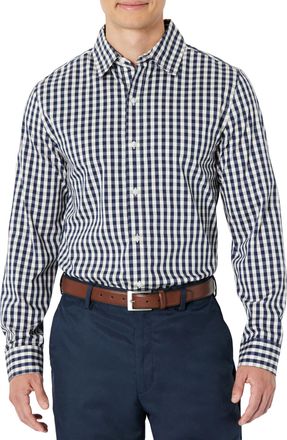 Amazon Essentials Herren Lang&auml;rmliges, knitterfreies Slim-Fit-Stretch-Anzughemd, Wei&szlig; Vichy-Muster, L