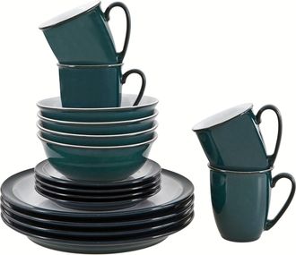 Denby Greenwich Tafelservice f&uuml;r 4-16-teiliges Geschirr gr&uuml;n, wei&szlig; - sp&uuml;lmaschinenfest, mikrowellengeeignet - 4X Speiseteller, 4X Kleiner Teller, 4X M&uuml;slisc