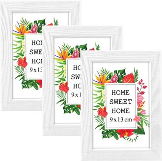 MG Design Set aus 3 Weiß Bilderrahmen 9 x 13 cm - Aus echtem Holz mit Acrylglas, zum Aufhängen & Aufstellen, für Fotos, Poster & Puzzle