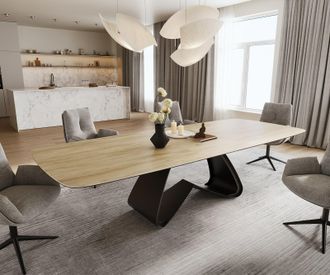 DELIFE Esstisch Edge Boot 240-300x120 cm Keramik Laminam Sabbia Eichefarbig W-Gestell Metall Schwarz ausziehbar, Esstische