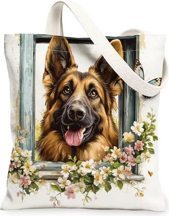 Generic Sac fourre-tout en toile motif chien berger allemand printanier 33 x 38,1 cm, motif floral amusant avec fen&ecirc;tres r&eacute;utilisables, pour femme, peinture p