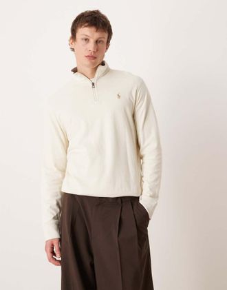 Polo Ralph Lauren Doppelstrick-Sweatshirt in Creme mit Markenlogo und halblangem Rei&szlig;verschluss-Wei&szlig;