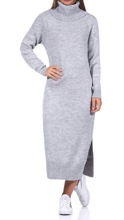 Only Damen Langes Strickkleid | Langarm Midi Pullover Dress | Rollkragen Sweater mit Schlitz ONLBRANDIE, Farben:Grau, Größe:XS