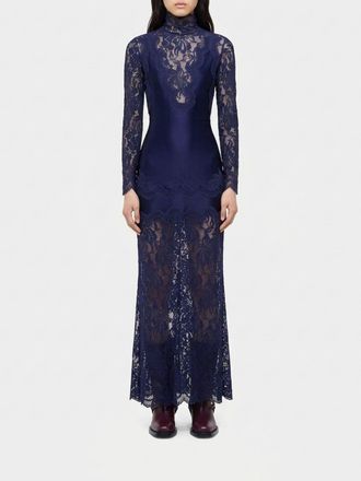 Paco Rabanne Robe de soir&eacute;e longue en satin et dentelle avec col haut et naud