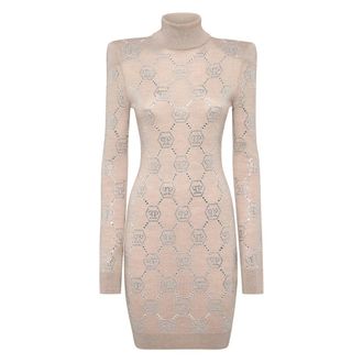 Philipp Plein Femme, Robes, Beige, Taille: 38 FR Mini-robe en maille avec strass et &eacute;paulettes Monogramme