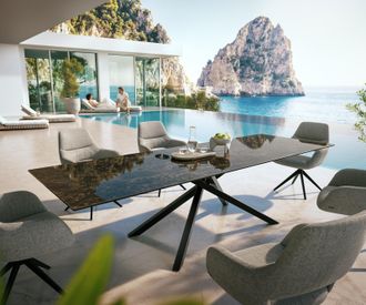 DELIFE Outdoortisch Edge 300x100 cm Keramik Laminam Emperador Extra Lucidato Dunkelbraun Kreuzgestell Rechteck Schwarz, Esstische