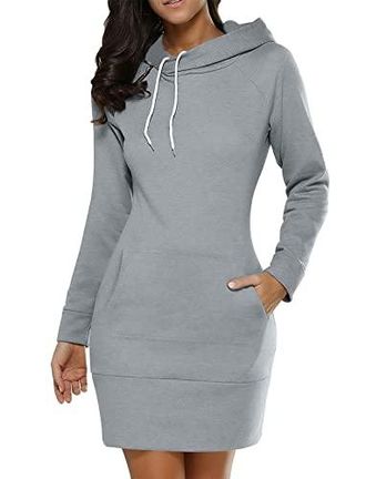 ORANDESIGNE Robe Sweat &agrave; Capuche Femme Robe Pull avec Poche Robes Casual Manche Longue D&eacute;contract&eacute; Chic Uni Mini Robe avec Poche Hoodie Grande Taille Hiver Pullov