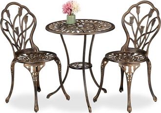 Relaxdays Gartenmöbel Set 3-teilig, Tisch, 2 Stühle, Aluguss, Balkonmöbel Antikdesign, Garten Sitzgruppe, schwarz/Bronze