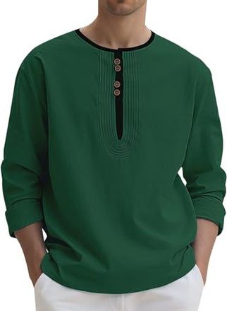 Generic Chemise en lin &agrave; manches longues pour homme - Chemise de plage en coton - Coupe ajust&eacute;e - Chemise d&eacute;t&eacute; l&eacute;g&egrave;re - Col rond - T-shirt d&eacute;contract&eacute; pour la