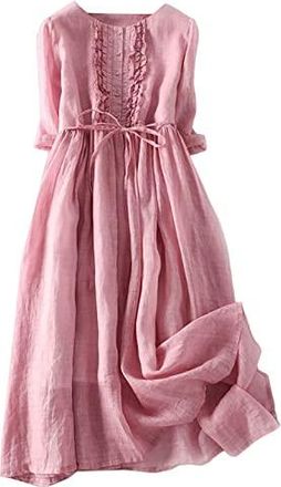Generic Robe Mi Longue Femme Grande Taille Cotton Linen Ete Manches 3/4 Solide Loose Dress Col Rond Lacer Chic Et élégante DéContractée Légères Robes Basic Te