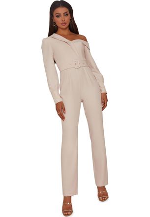 Chi Chi London Damen, cremefarbener Schulterfreier, taillierter, Jumpsuit, 42