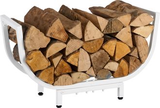Relaxdays Kaminholzregal, Metall, HxBxT: 35 x 65 x 21 cm, Kaminholzhalter innen, geschwungener Kaminholzkorb, wei&szlig;