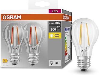 Osram Base Classic A Fil 60 LED lampe avec base E27, forme de piston classique, double Unités, 6,5 W, 806lm, 2700k, lumière blanche chaude, développement à 