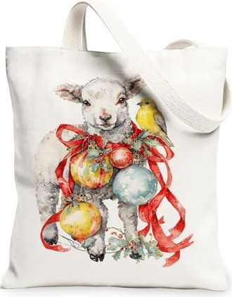 Generic Sacs fourre-tout en toile dagneau de No&euml;l, motif animal mignon, sacs d&eacute;picerie, sacs d&eacute;picerie r&eacute;utilisables, vintage dhiver, l&eacute;gers et lavables, Blan