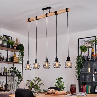 HOFSTEIN H&auml;ngeleuchte Yaak, 5-flammige H&auml;ngelampe aus Metall/Holz in Schwarz/Natur, Pendelleuchte im Boho/Retro/Vintage-Design mit Holzstab u. Gitterschirmen, 