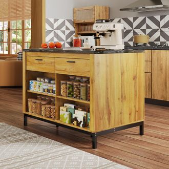 Generic Kücheninsel Landhausstil mit 2 Schubladen 4 offenen Regalen Sideboard Marmor Arbeitsplatte Rückseite mit Barbereich Sideboard Metallgestell Kommode An