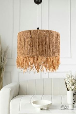 Opviq Elegant Oak Chandelier with Adjustable Height (30-85 cm), Plastic Body & Jute Cap, 40 cm Diameter | Max 40W E27 Bulb, Stylish Lighting for Modern Spac